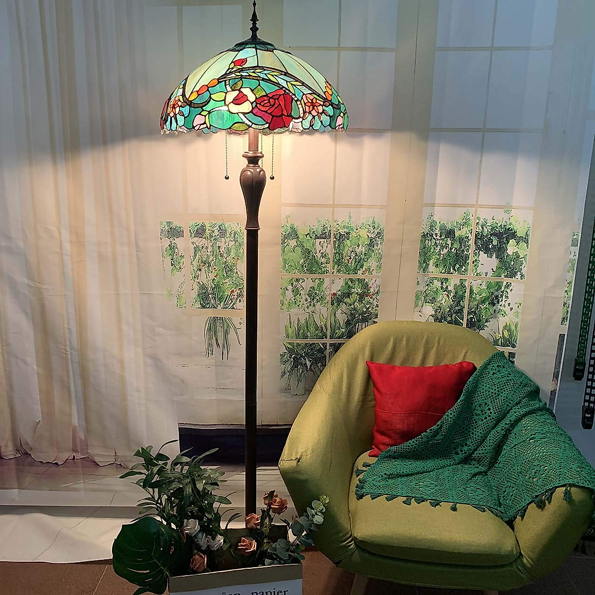 Bieye L10740 Rose Flower Tiffany Style Stained Glass Floor Lamp with 18-inch Wide Shade for Reading Working Bedroom, 3 Lights, 65 inch Tall