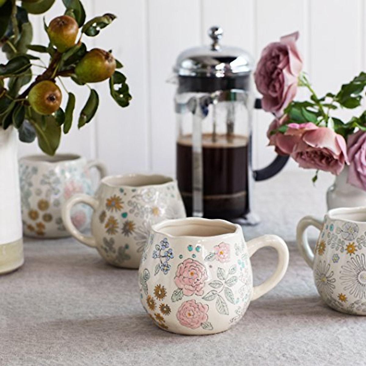 Dorotea Hand Painted Coffee and Tea Mugs, 16 Ounce, Set of 4, Assorted