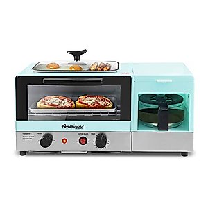 Elite Gourmet Americana 2 Slice, 9.5" Griddle with Glass Lid 3-in-1 Breakfast Center Station, 4-Cup Coffeemaker, Toaster Oven with 15-Min Timer, Heat Selector Mode, Blue, (EBK8810BL)