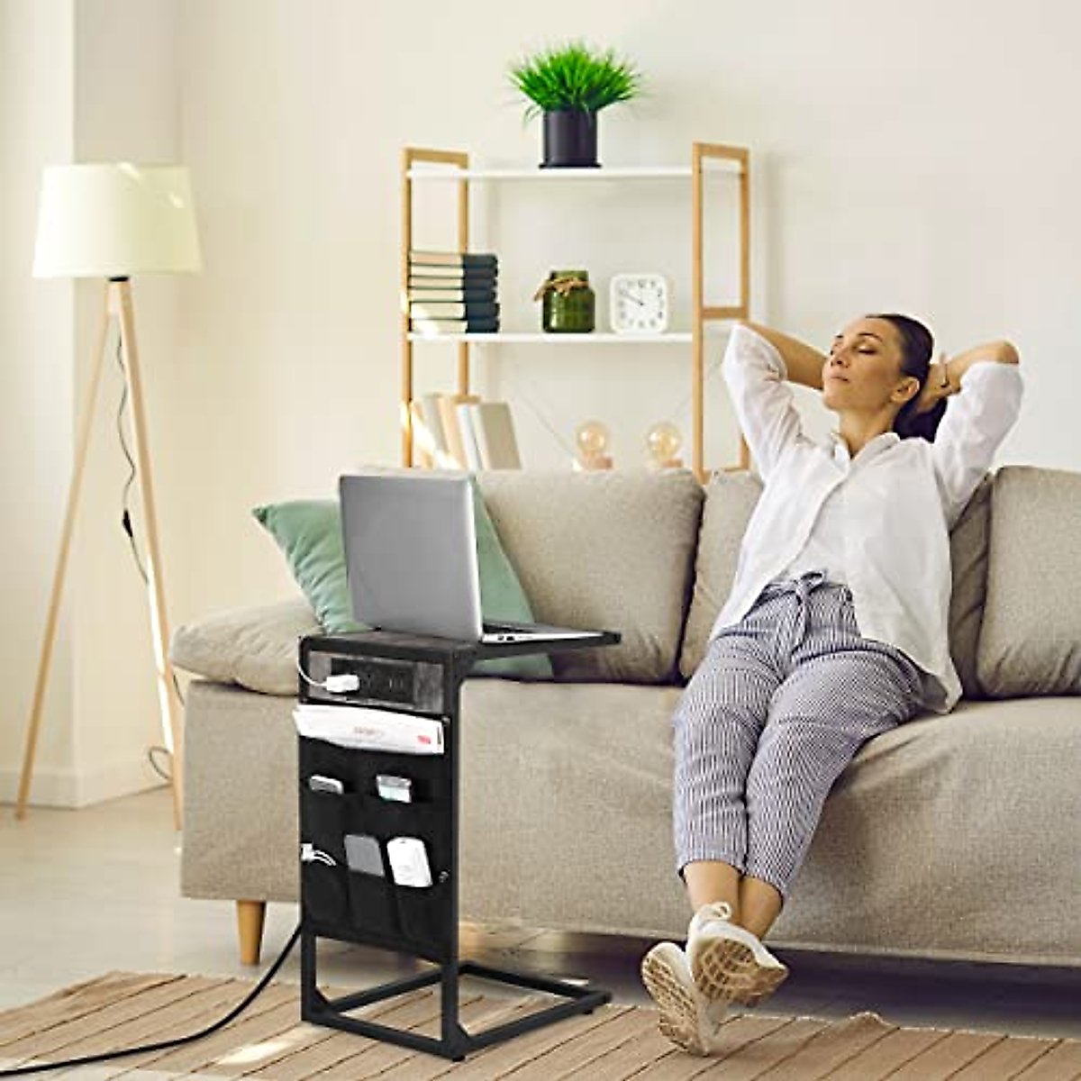Set of 2 C Shaped End Table with Charging Station, Snack Side Table, C Tables for Couch, Couch Tables That Slide Under, for Living Room, Bedroom, Gray
