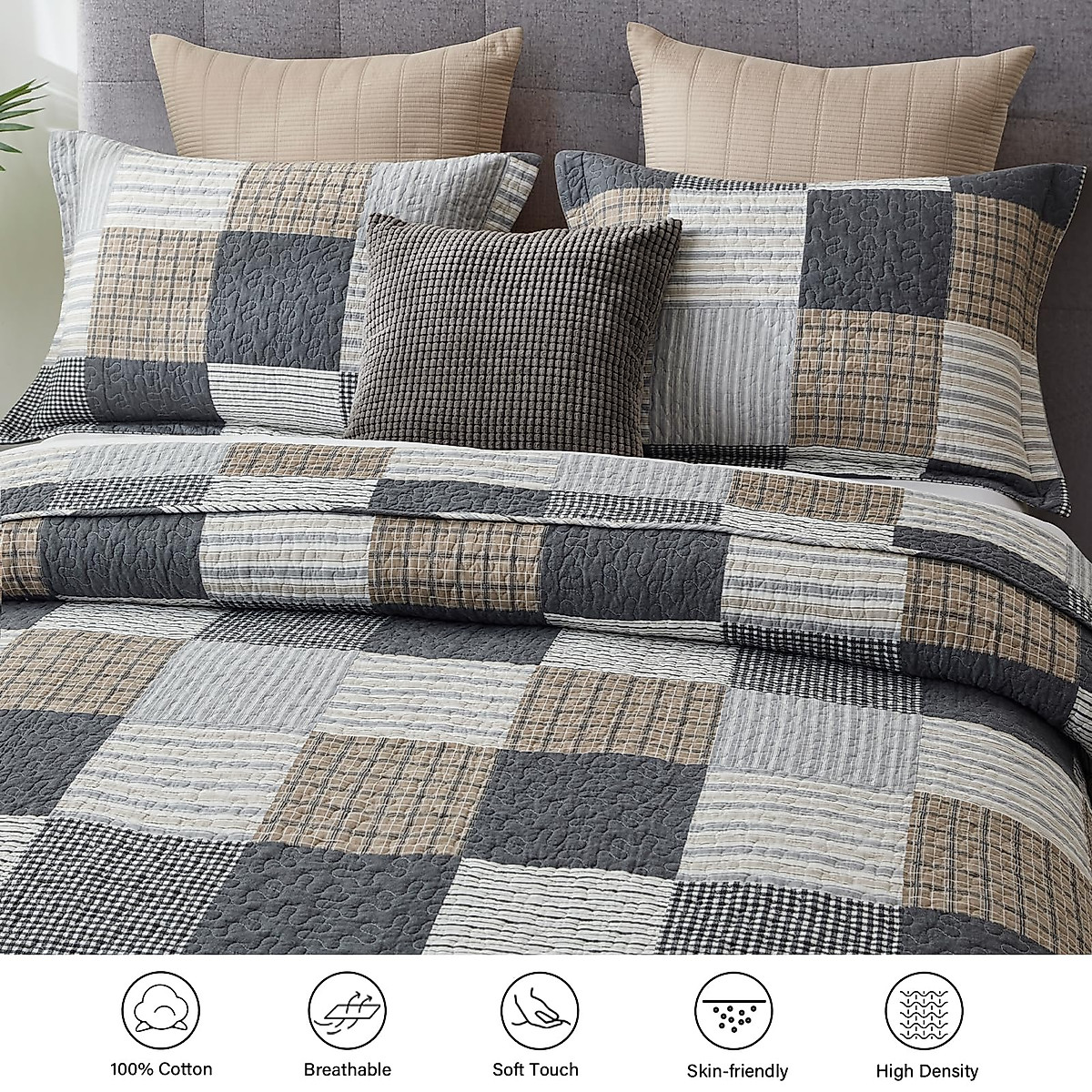 Y-PLWOMEN Quilt Set King Size, 100% Cotton Quilt Bedding Set, Patchwork Plaid Quilted Bedspread, Lightweight Reversible King Comforter Set for All Season, Grey/Brown/White/Black, 3-Pieces