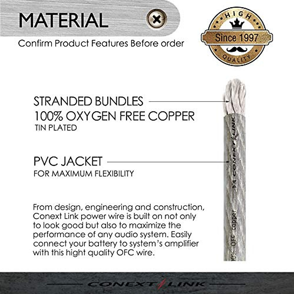 Conext Link 25 FT 10 AWG GA Full Gauge Battery Power Cable Ground Wire Clear Silver OFC Copper