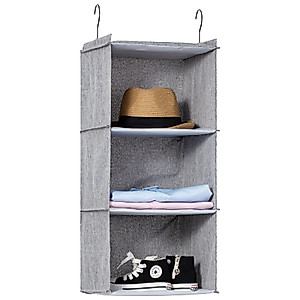 DonYeco Hanging Closet Organizer, Easy Mount Collapsible 3-Shelf Camper Closet Wardrobe Hanging Storage Shelves, Folded Clothes Towels Handbag Shoes Accessories Storage, Linen Cloth, Gray