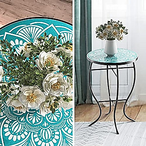 FROMJBEST Mosaic Outdoor Side Table, Patio Side Table, Weather Resistant 14" Diameter 21" H Ceramic Tile Round Outside Table for Patio, Porch, Garden, Pool, Indoor&Outdoor,Plant Stand (Cyan)