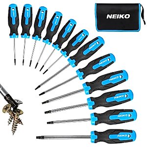 NEIKO 01377A Magnetic Torx Screwdriver Set | 12 Piece | T5 – T40 | 6 Point Star Head Driver | Heat Treated Chrome Vanadium Steel | Non Slip Cushioned Handle Grip | Magnet Bit Tip | Carrying Pouch