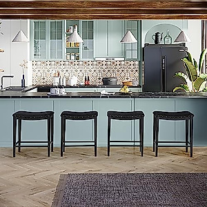 KATDANS Black Bar Stools Set of 2 Counter Height 24 Inches Backless Barstools for Kitchen Counter Modern Saddle Stools Velvet Nailhead Upholstered Stools, KS718PBK, 2Pcs