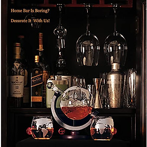 LiquorKnight Globe Whiskey Decanter Set/Hand-Blown Lead-Free Glass/Wooden Stand/Liquor Dispenser Bar Set with 4 Glass/Whiskey Stones & Funnel/Antique Glass Ship/Home Bar Accessory