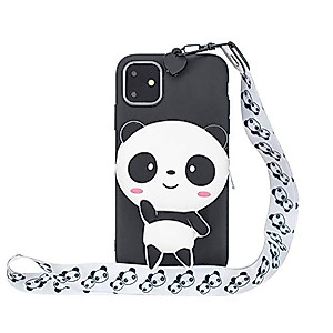 Girlyard for iPhone 12 / iPhone 12 Pro 6.1 Inch Silicone Case with 3D Cartoon Animal Zipper Wallet Purse Holder Back Cover and Long Detachable Lanyard Strap Phone Case for Kids Girls, Black Panda