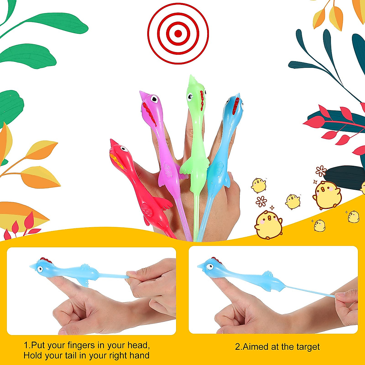 Sumind 16 Pack Finger Slingshot Chicken Rubber Chicken Flick Chicken Ornament Flying Chicken Fingers Stretchy Funny Christmas Birthday Party Activity Favor(Red, Blue, Green, Purple)