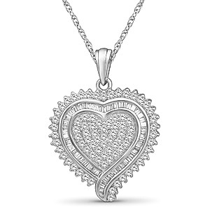 JEWELEXCESS Sterling Silver (.925) or 14K Gold over Silver Heart Necklace with 1.00 Carat White Diamonds | Jewelry for Women with Round & Baguette White Diamonds & 18 inch Rope Chain with Spring Clasp