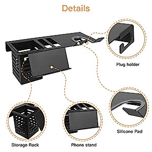 Blow Dryer and Straightener Holder, Yimerlen Hair Holder Wall Mounted Tools Organizer, Bathroom Ultifunctional Straighteners (with Mobile Phone Holder, Black)