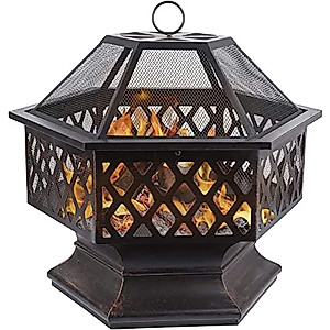 Garden Fire Pit Portable Grill Barbecue Rack Metal Outdoor fire Pit,Wood Charcoal Burning 24in Firebowl Fireplace Poker Spark Screen Retardant Mesh Lid Round with Cover BBQ for Camping Backyard