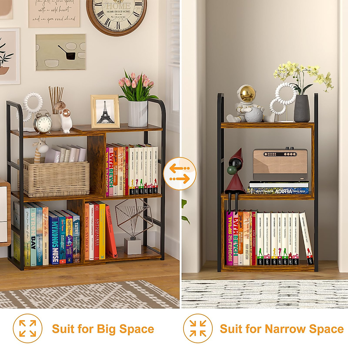 3-Tier Home Office Bookcase Shelf, Expandable Small Book Shelf, Narrow Bookshelves with Metal Frame, Bedroom&Living Room Modern Metal and Wood Standing Storage Shelving Unit Books Shelf Organizer