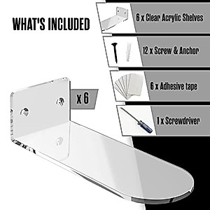 Houseables Shoe Display Shelves, Floating Wall Sneaker Rack, Sneakers Shelf Storage, 6 Pack, 8"x3"x2", Acrylic, Clear, Float Shoes, Cool Shelving Mount, Mounted Stand Holder for Footwear Collection