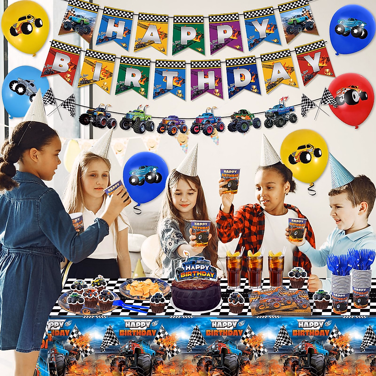 Monster Truck Birthday Decorations Supplies Serves 24 Guests, Machines Jam Birthday Party Tableware with Birthday Banners, Tablecloth, Plates, Cups, Napkins, Forks for Boys Birthday