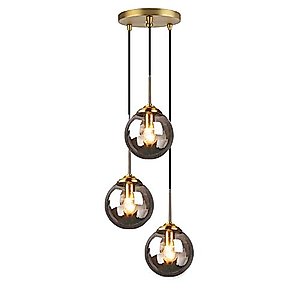 H XD GLOBAL Industrial Retro Loft 3 Way Pendant Light, Cluster Chandelier Hanging Lamp Fixture Brass Fittings with Glass Globe Lampshade (Grey)