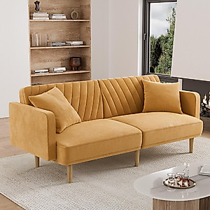 OUYESSIR Futon Sofa Bed, 75.3", Couch, Small Sofa, Sleeper Sofa, Loveseat, Mid Century Modern Velvet Futon Couch with 2 Pillows for Living Room (Yellow Velvet, Futon)