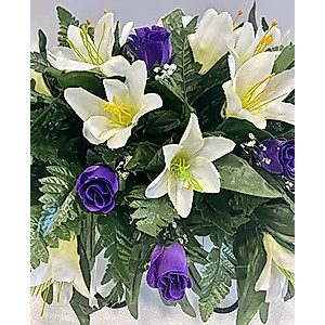 Spring or Easter Cemetery Flowers for Headstone and Grave Decoration-Purple Rose and Lily Mix Saddle