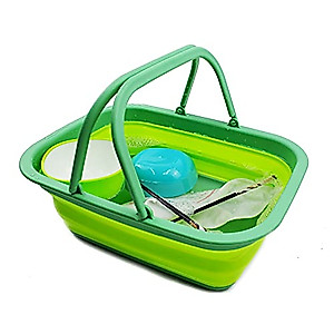 SAMMART 9.2L (2.37Gallon) Collapsible Tub with Handle - Portable Outdoor Picnic Basket/Crater - Foldable Shopping Bag - Space Saving Storage Container (1, Dark Green/Fluorescent Green)