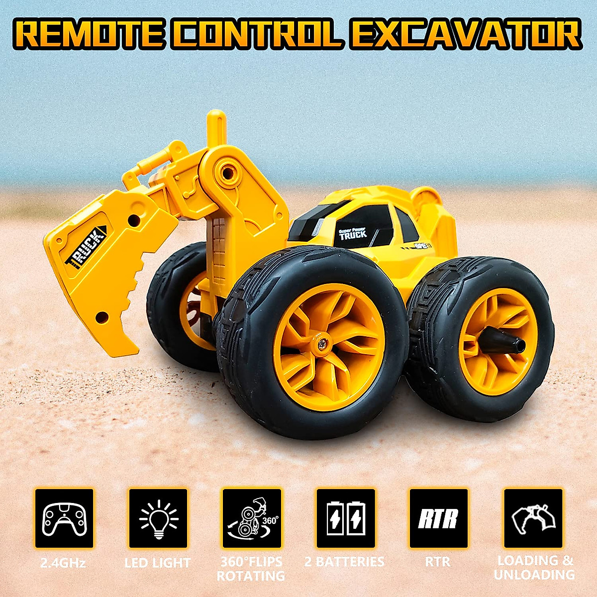 STEMTRON Stunt Car 2.4Ghz 4WD Remote Control Car Double Sided 360°Rotating RC Excavator with Lights Construction Vehicle Truck Outdoor Indoor Toys Gifts for Boys Girls