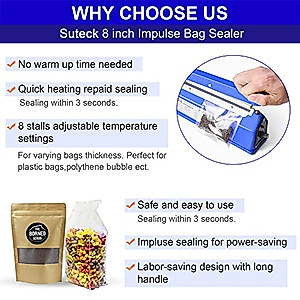Suteck 8 inch Impulse Bag Sealer, Manual Poly Bag Sealing Machine w/Adjustable Timer Electric Heat Seal Closer with 50Pcs 4X6 Inch Shrink Wrap Bag and 2 Free Replacement Kit (Sapphire)