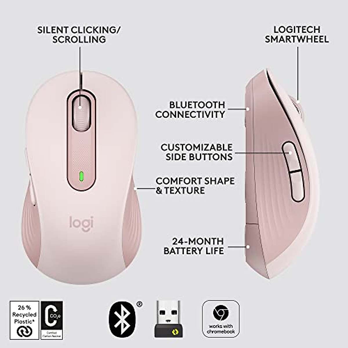Logitech Signature M650 Wireless Mouse - For Small to Medium Sized Hands, 2-Year Battery, Silent Clicks, Customizable Side Buttons, Bluetooth, for PC/Mac/Multi-Device/Chromebook - Rose