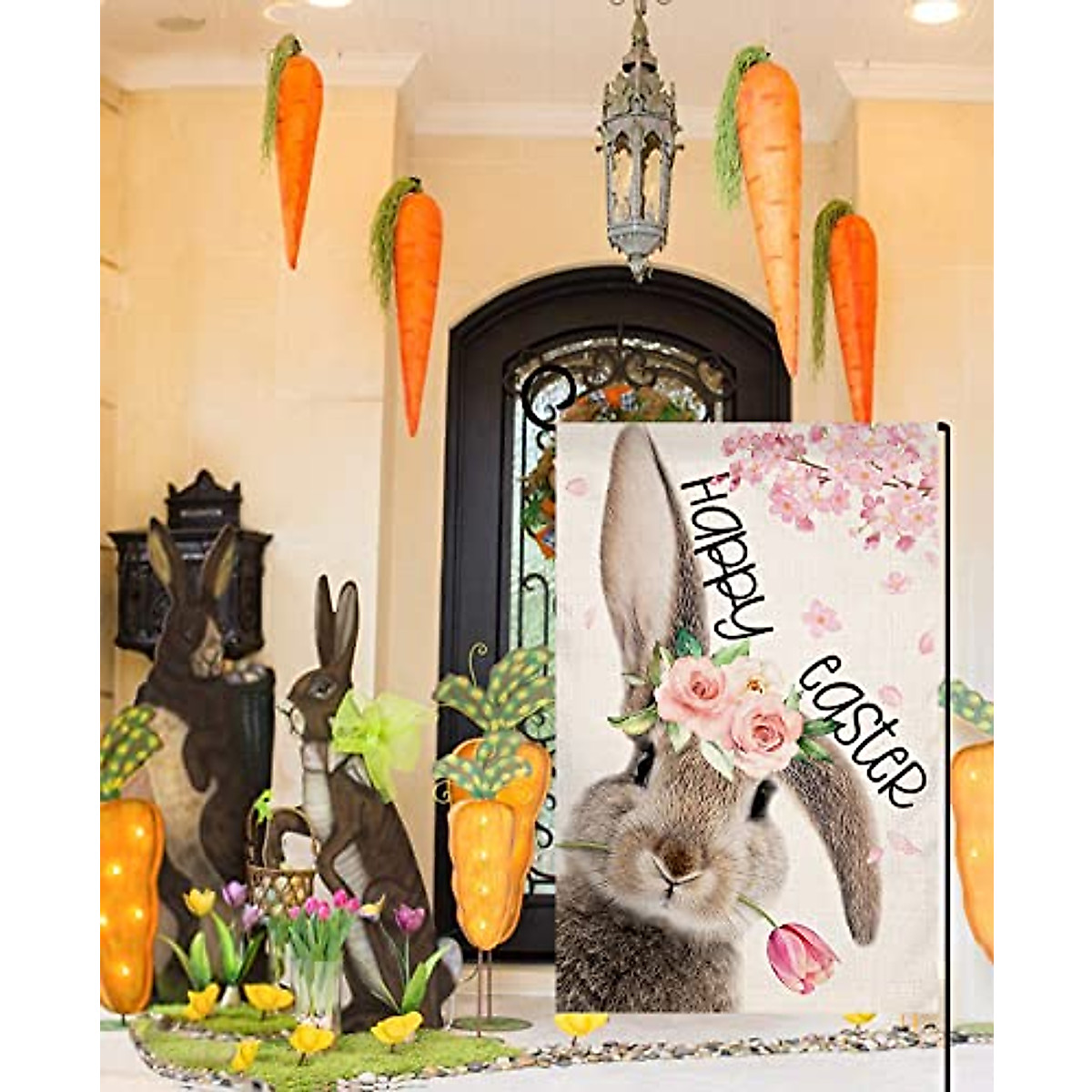 Easter Bunny Garden Flag 12x18 Vertical Double Sided Gray Rabbit Spring Floral Tulip Farmhouse Holiday Outside Decorations Burlap Yard Flag BW278