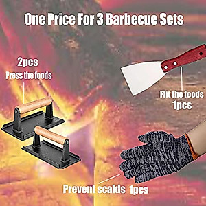 3 Pack Cast Iron Grill Press Bacon Press 8 x 4 Inch +Glove+ Pre Seasoned Burger Press Sandwich Press Meat Press for Griddle, BBQ, Burgers, Bread, Steaks