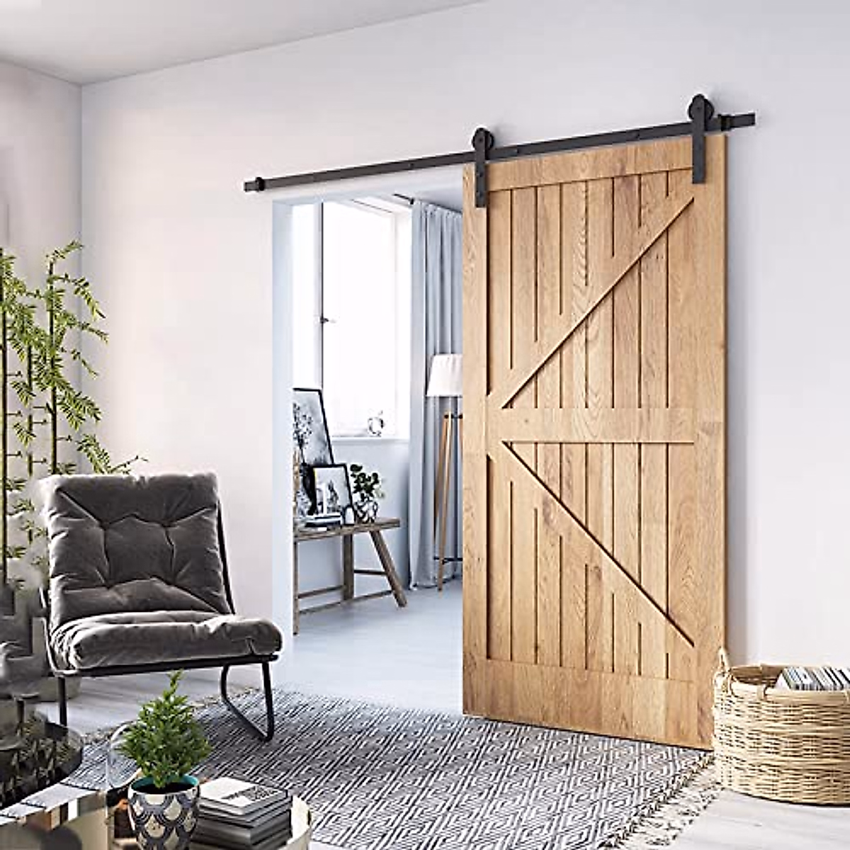 HOME MASTER HARDWARE 6.6 FT Heavy Duty Sturdy Sliding Barn Door Hardware Kit (Whole Set Includes 1x Pull Handle Set & 1x Floor Guide & 1x Latch Lock) Fit 36"- 40" Wide Door Panel (I Shape Hanger)