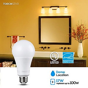 TORCHSTAR Dimmable A21 LED Light Bulbs, CRI 90, Super Bright LED Light Bulb 100W Equivalent, 17W, UL & Energy Star Listed, 25,000hrs, E26 Standard Base, No Flicker, 1600lm, 2700K Soft White, Pack of 2
