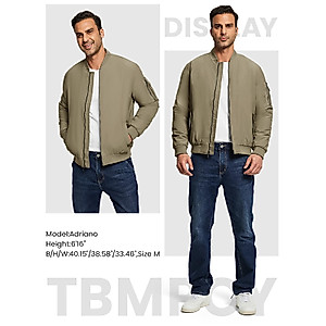 TBMPOY Men's Bomber Jacket Lightweight Winter Windbreaker Zip Up Padded Softshell Windproof Water-Resistant Casual Fall Coat Khaki L