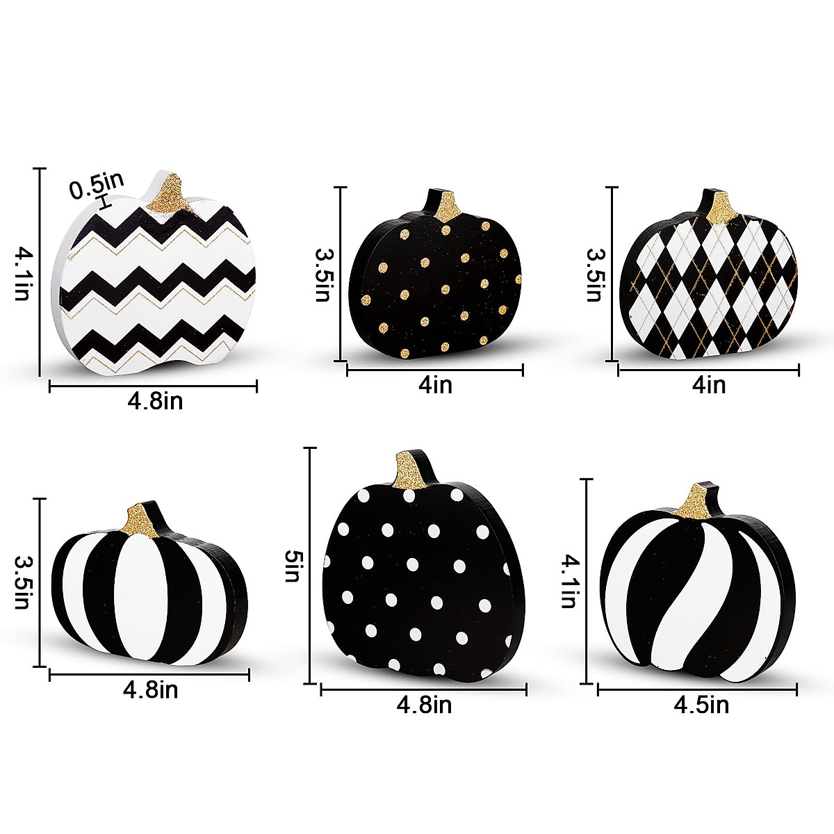 Treory Fall Thanksgiving Table Decorations: 6ct Black White Pumpkin Thanksgiving Tiered Tray Decor, Autumn Pumpkins with Stripe and Gold Dots, Kitchen Desk Tabletop Wooden Sign for Home School Office