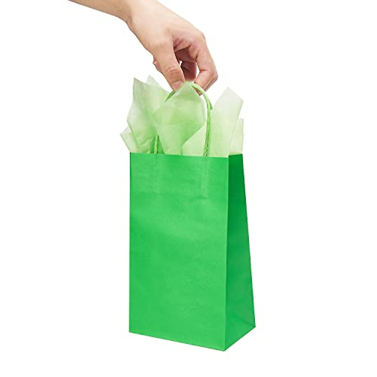 DjinnGlory 24 Pack Small Green Paper Gift Bags with Handles and 24 Tissue Paper for Christmas Holiday Birthday Wedding Baby Shower Party Favors Goodies, 9x5.5x3.15 Inch (Green)