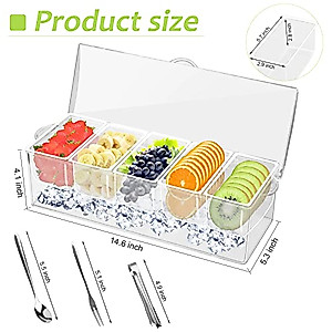 DARCKLE 5 Compartment Condiment Server, Ice Chilled Condiment Containers with Hinged Lid Chilled Caddy with 5 Removable Dishes and 15 Pieces Stainless Steel Serving Tongs Serving Spoons Fruit Forks