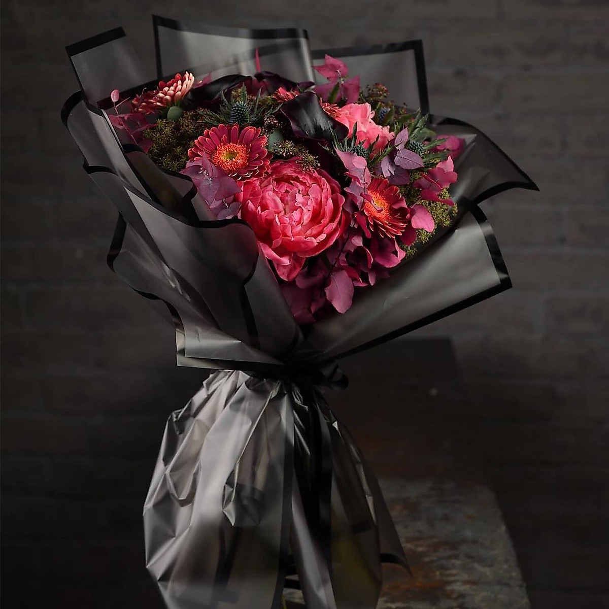 ROADPLUM 20 Sheet Black Flower Wrapping Paper, Bouquet Wrapping Paper with 12 Butterflies and 1 Ribbon for Diy Bouquet, Flower Paper Wrap Kit for Valentine's Day, Mother's Day, Graduation