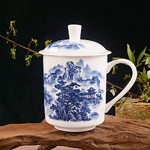 XIYUAN Fine Handmade Ceramics Tea Cup with Lid,(Landscape pattern) Chinese Jingdezhen Blue and White Porcelain Tea Cup Infuser for: Home Party, Office, Reception Room