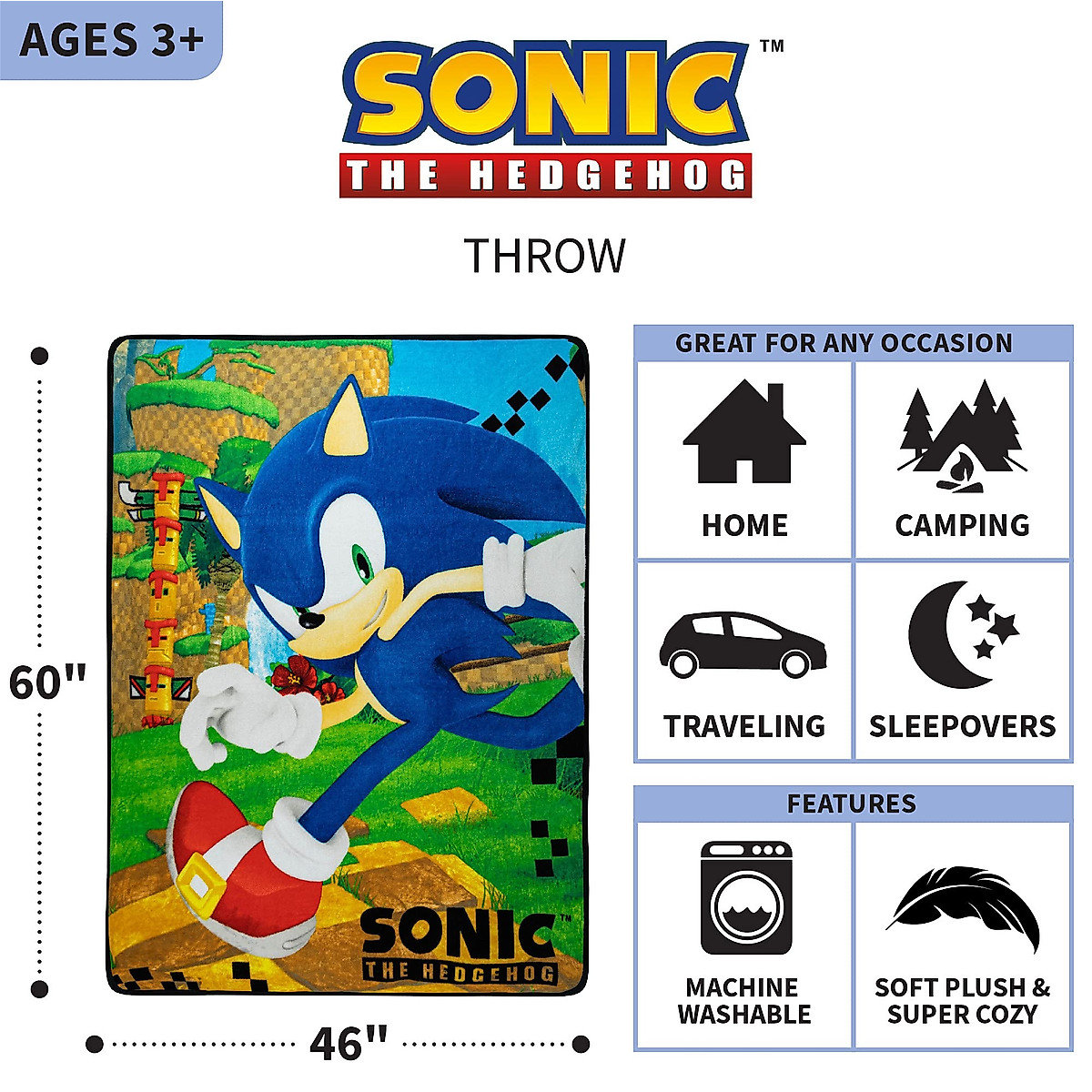 Franco Kids Bedding Super Soft Micro Raschel Throw, 46 in x 60 in, Sonic The Hedgehog, Anime