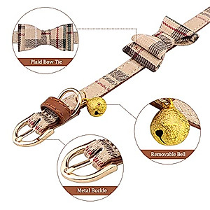 3 PCS Dog Collars for Small Dogs Puppy Collar and Leash Set Dog Bow Tie with Bell Puppy Bandana Leather Dog Collar for Small Dogs Puppies and Cats(Beige)