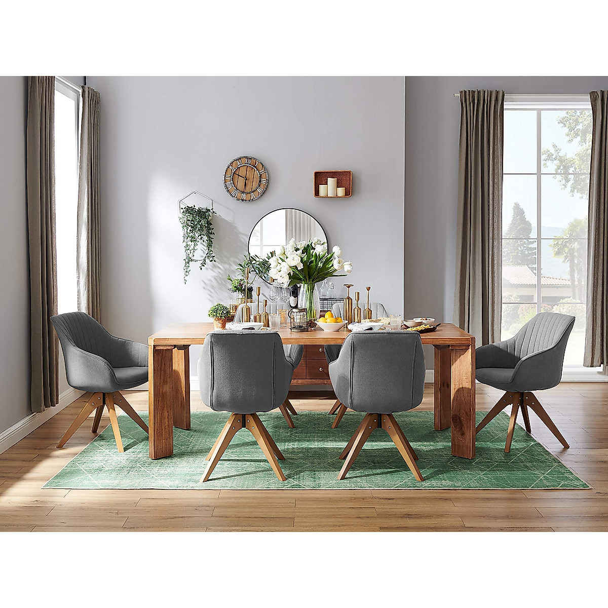 Art Leon Mid-Century Modern Swivel Accent Chair with Beech Wood Legs, Grey Upholstered Cute Desk Chair Without Wheels for Home Office Living Room Bedroom