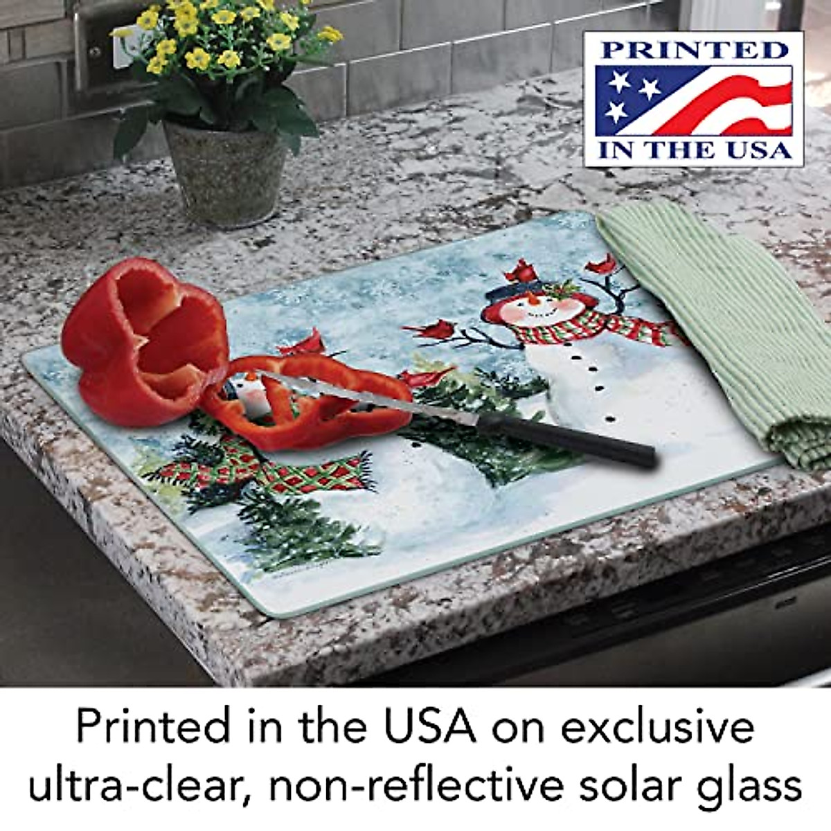 CounterArt Watercolor Snowman 3mm Heat Tolerant Tempered Glass Cutting Board 15” x 12” Manufactured in the USA Dishwasher Safe