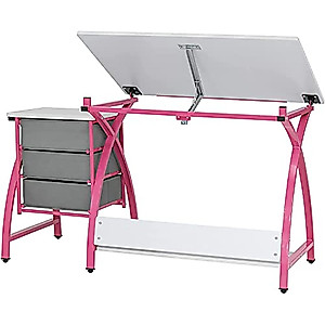 Offex 2 Piece Venus Craft Table with Angle Adjustable Top and 20.5" H Matching Padded Stool, Pink/White - Great for Home, Office, Kids Room and More