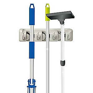 Home-it Mop and Broom Holder - Garage Storage Systems with 3 Slots, 4 Hooks, 7.5lbs Capacity Per Slot - Garden Tool Organizer for 7 Tools - for Home, Kitchen, Closet, Garage, Laundry Room - Off-White