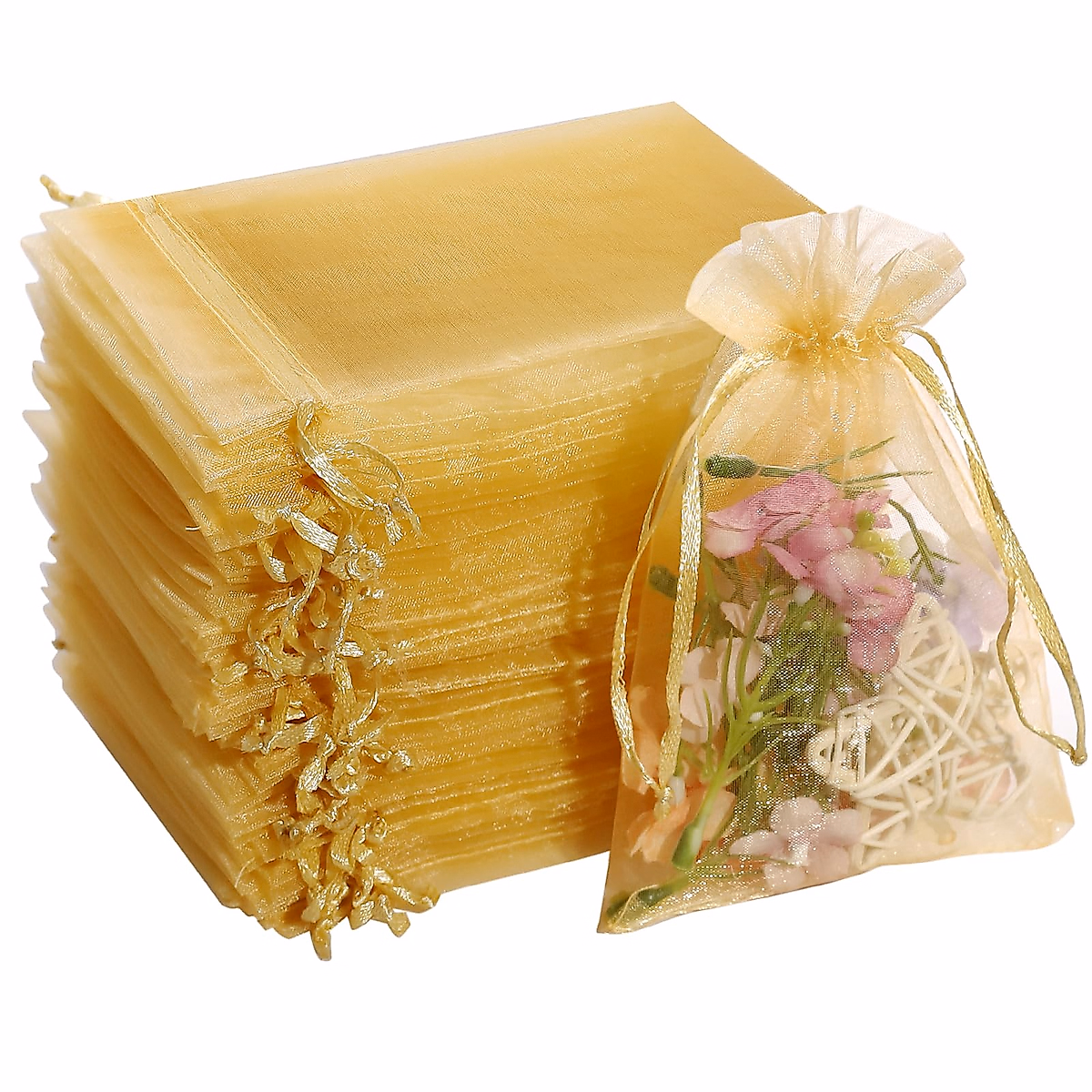 Hopttreely 100pcs Gold Organza Gift Bags, 4 x 6 inch Satin Drawstring Candy Mesh Favor Bags Jewelry Pouches for Christmas Wedding Party