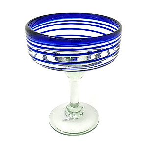 Mexican Hand Blown Glass – Set of 4 Hand Blown Margarita Glasses (16 oz) with Blue Spiral Design