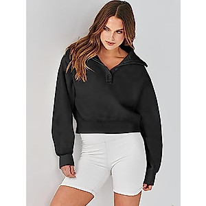 Prinbara Hoodie for Women Pullover Long Sleeve Sweatshirt Button down V Neck Teen Girls Fall Trendy Y2k Clothes Oversized Sweater 2023 1PA139-heise-M Black