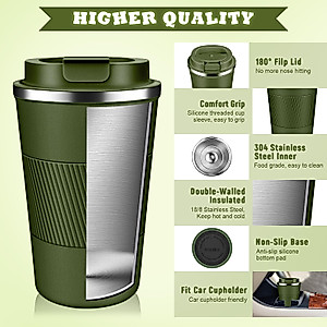 BAYTWA Coffee Tumbler 12oz/380ml - Insulated Coffee Mug with Lid, Leakproof Travel Coffee Cup, Stainless Steel Reusable Coffee Mug for Hot&Cold Drinks, Thermal Coffee Cups for Men Women-Green/1 Pack