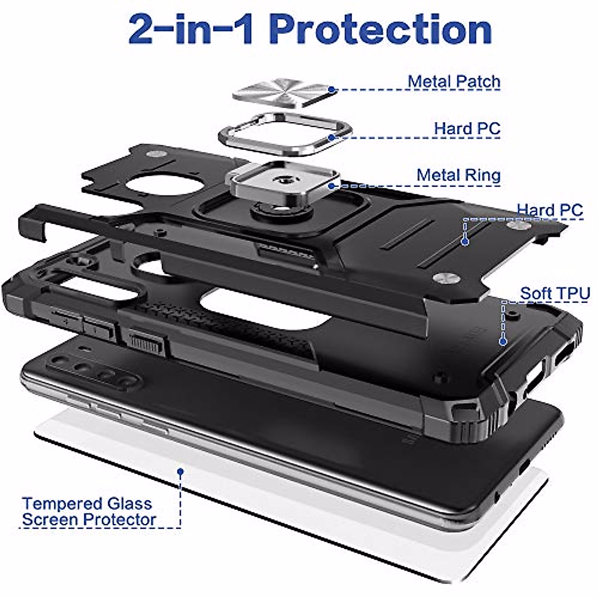 IDYStar Galaxy A21 Case with Screen Protector,Galaxy A21 Case,Shock Absorption Heavy Duty Drop Test Slim Cover with Car Mount Kickstand Lightweight Protective Phone Case for Samsung Galaxy A21, Black