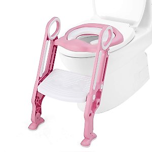 BABY JOY Kids Portable Potty Training Toilet Seat w/Step Stool Ladder, Foldable and Adjustable Toddler Toilet Training Seat Chair for Boys Girls Toddlers, Non-Slip Pads and Soft Cushion Seat (Pink)