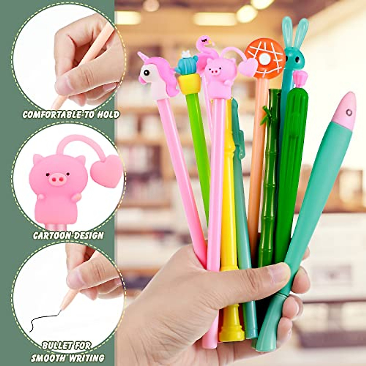 Chuangdi 15 Pieces Cute Cartoon Black Gel Ink Pens Assorted Style Unicorn Cactus Novelty Ink Writing Pens Kawaii Fun Pens for Student Kids Home Office Stationery Present School Award, 0.5 mm,15 Styles