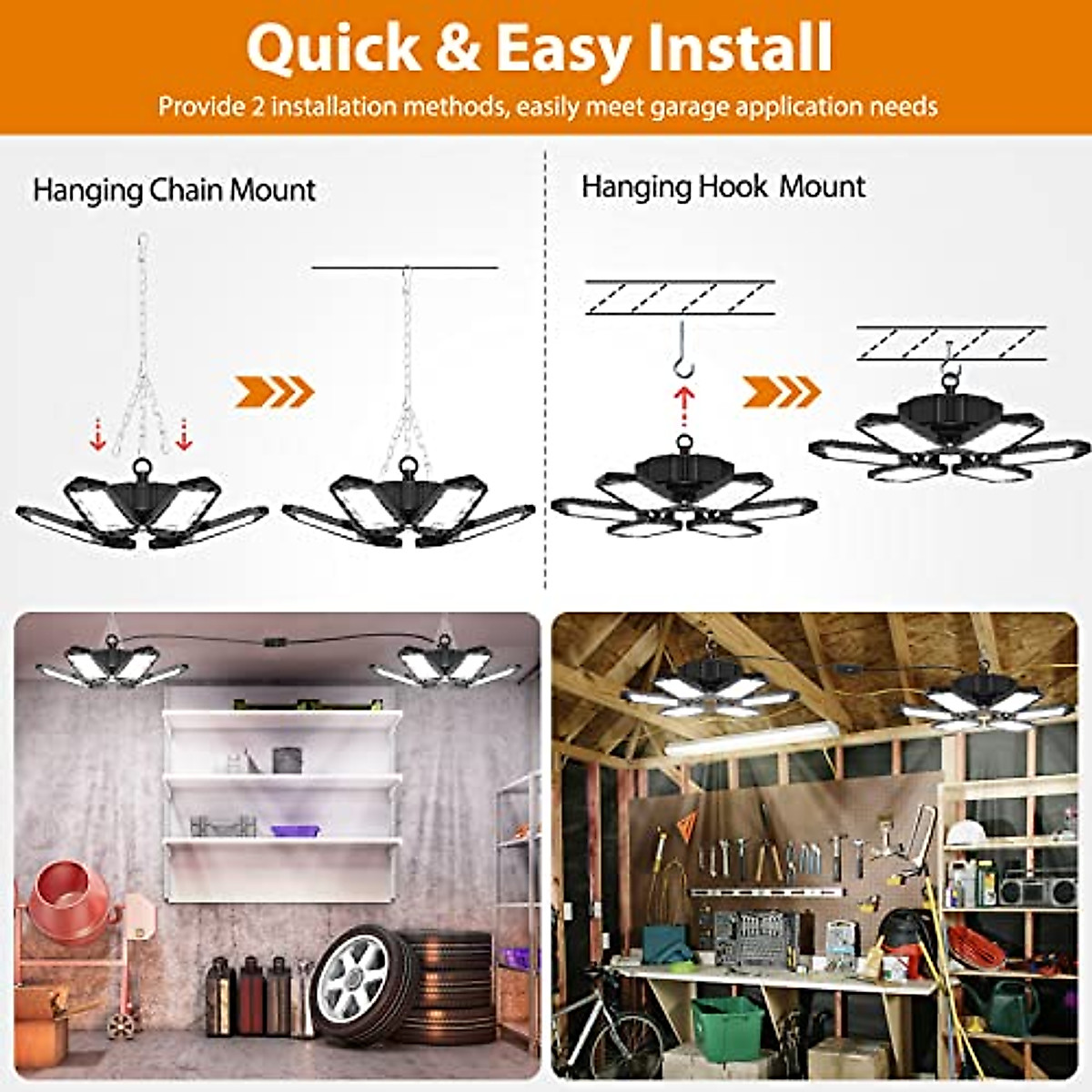 GDNZDUTS 2-Pack Garage Light, 160W 16000LM-6500K Deformable LED Garage Light with Plug, Linkable Garage Lights Ceiling LED with 6 Adjustable Panels for Garage Basement Workshop Built-in ON/Off Switch